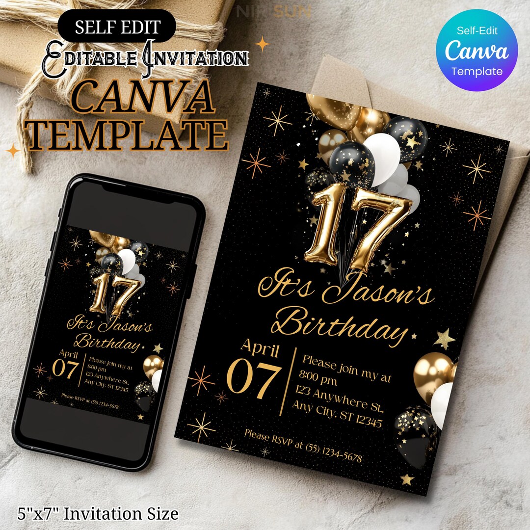 Black and Gold 17th Birthday Invitation, 17th Birthday Invite With ...