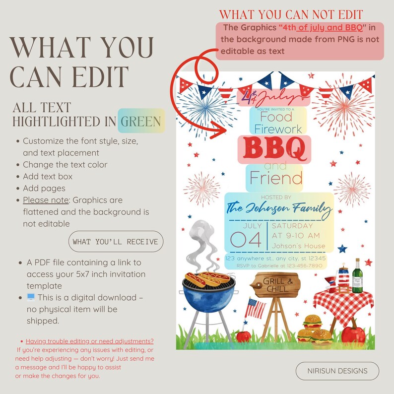 4th of July BBQ Invitation Template Editable Canva, 4th of July Cookout ...