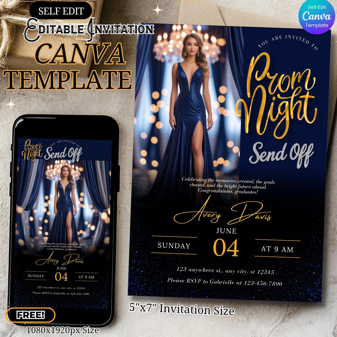 Prom Night Send off Invitation Template Editable in Canva, Elegant Blue ...