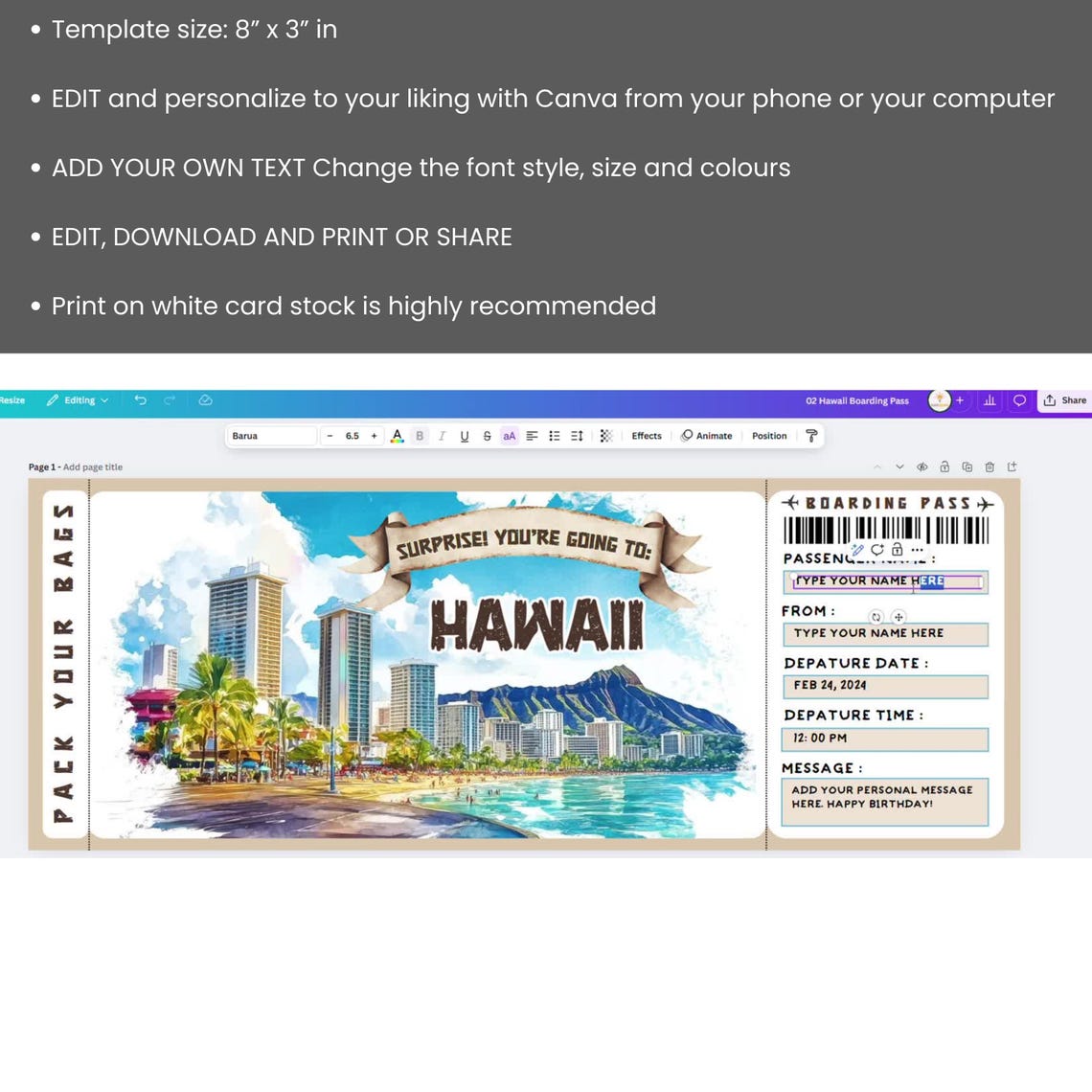 Hawaii Surprise Trip Ticket, Tropical Boarding Pass Invitation Template ...