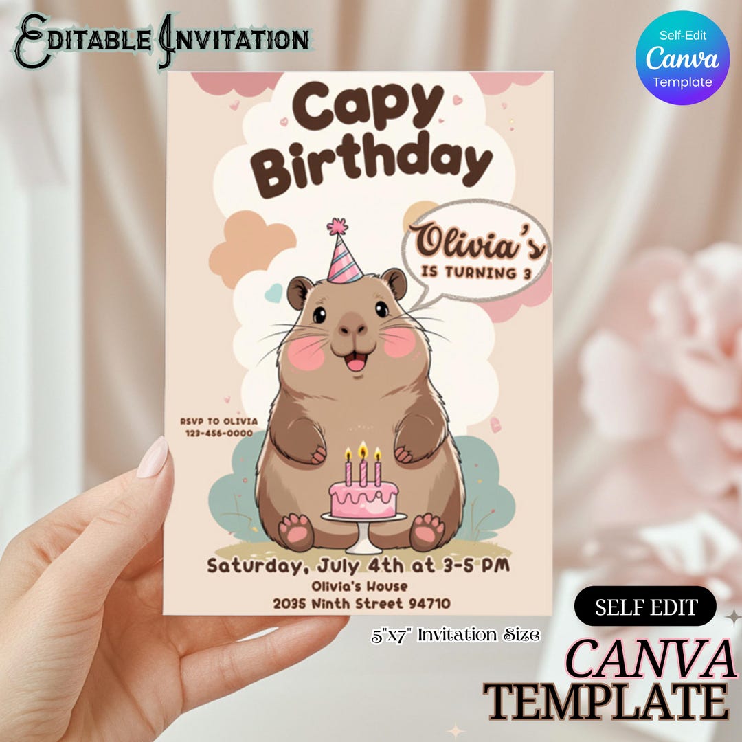 Capybara Birthday Invitation Template for Kids, Cute Capy Themed Party ...
