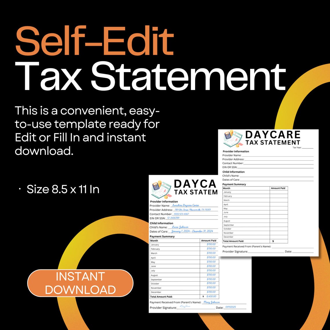 Daycare Tax Statement Template: Printable Childcare Payment Record Form ...