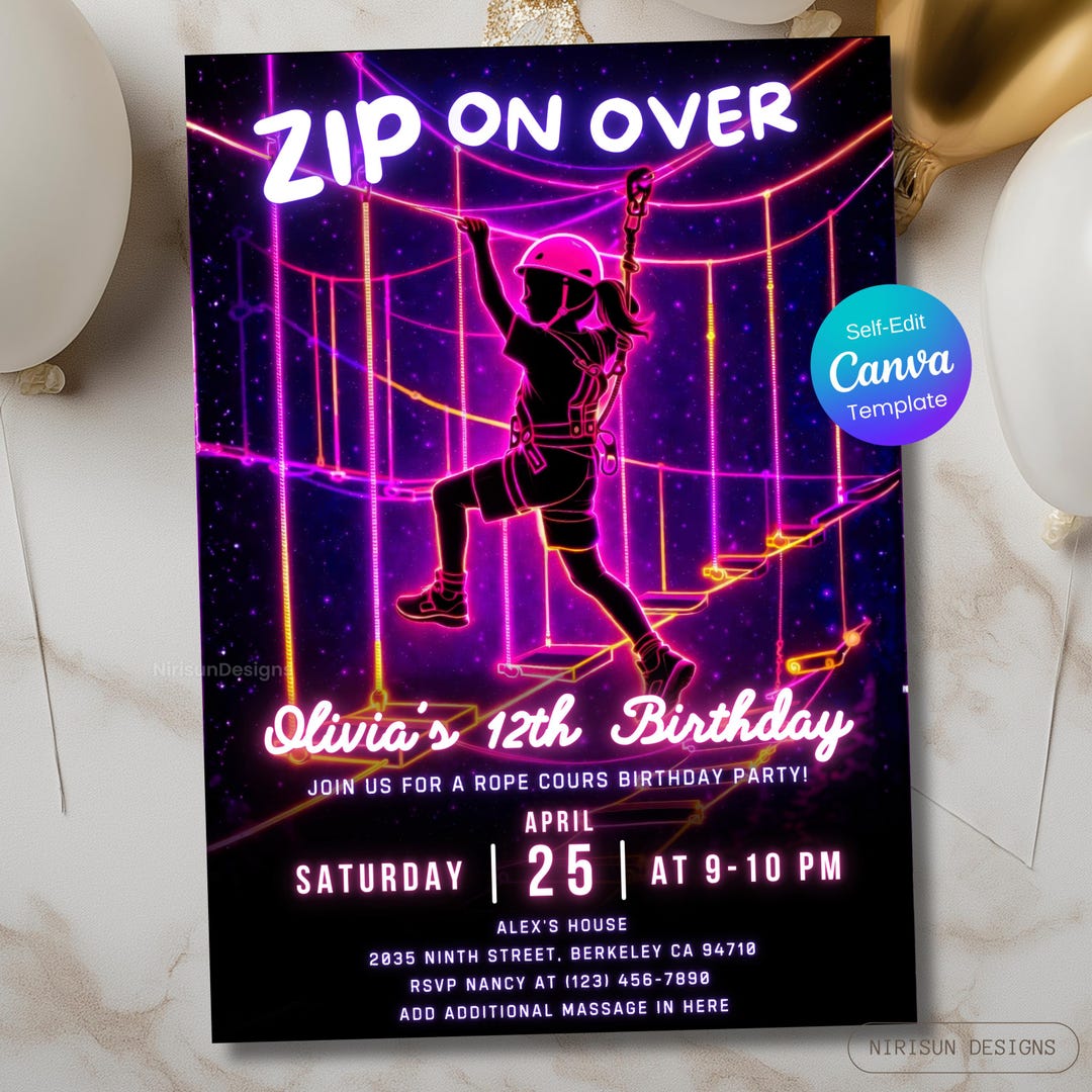 Zipline Birthday Invitation, Rope Course Outdoor Invite, Adventure Neon ...