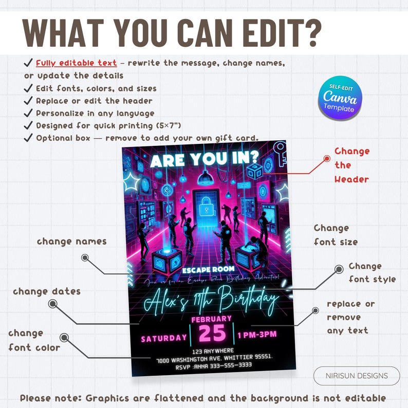 Escape Room Birthday Invitation, Neon Mystery Party Invite, Editable ...