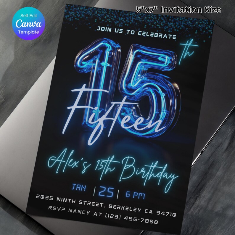 15th Birthday Invitation – Neon Blue Glow Party, Editable Canva ...