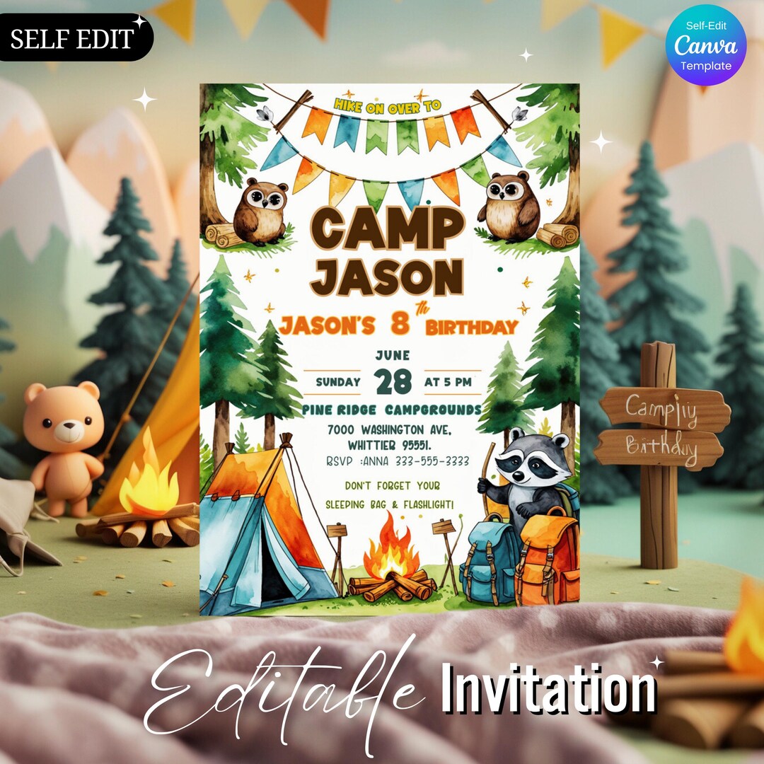 Camping Birthday Invitation Template, Camp Party Invite for Kids ...