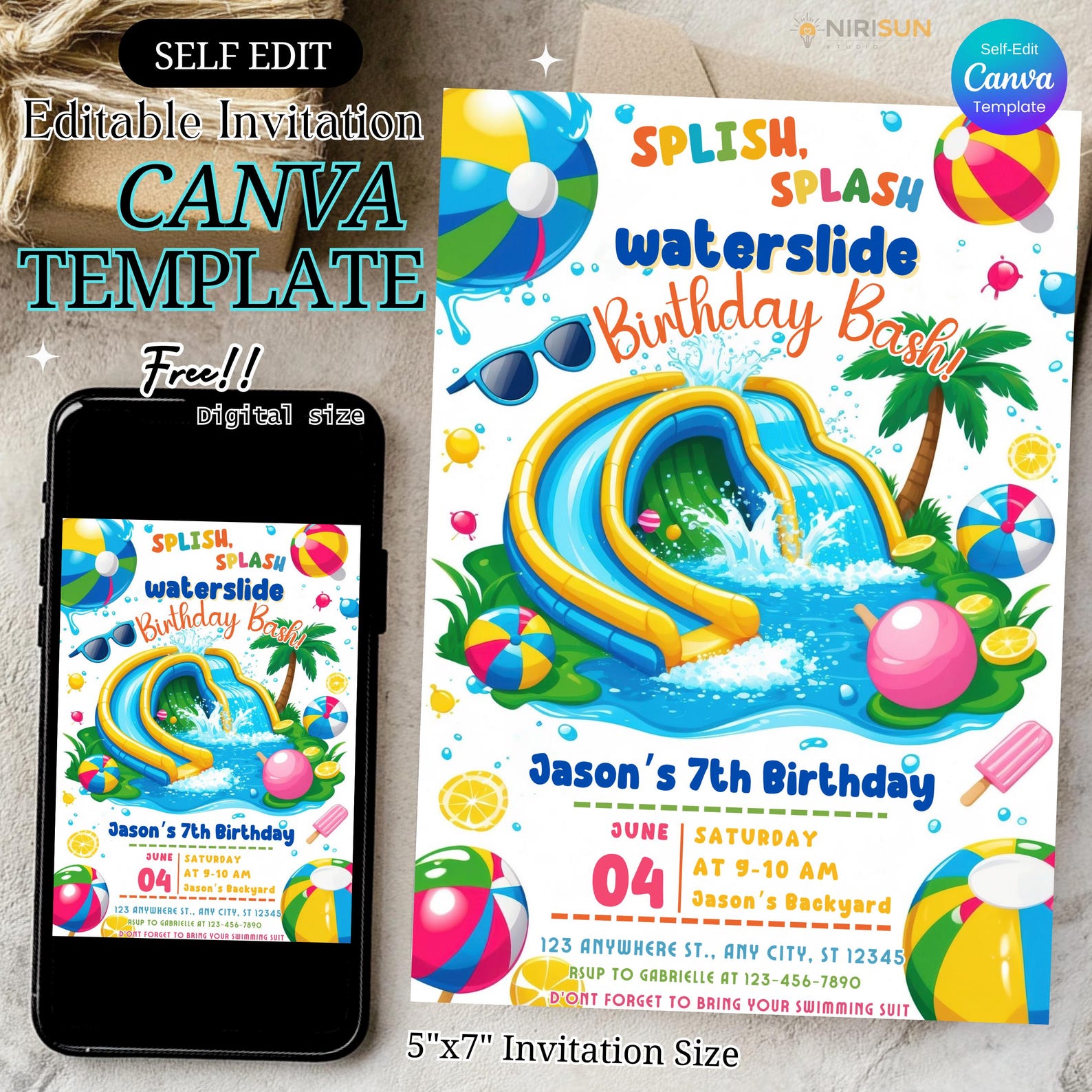 Waterslide Birthday Invitation Template Editable in Canva, Water Slide ...