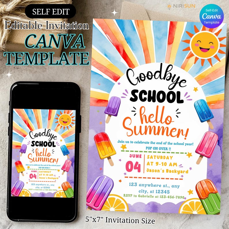 Popsicle End of School Party Invitation Template Editable Canva ...