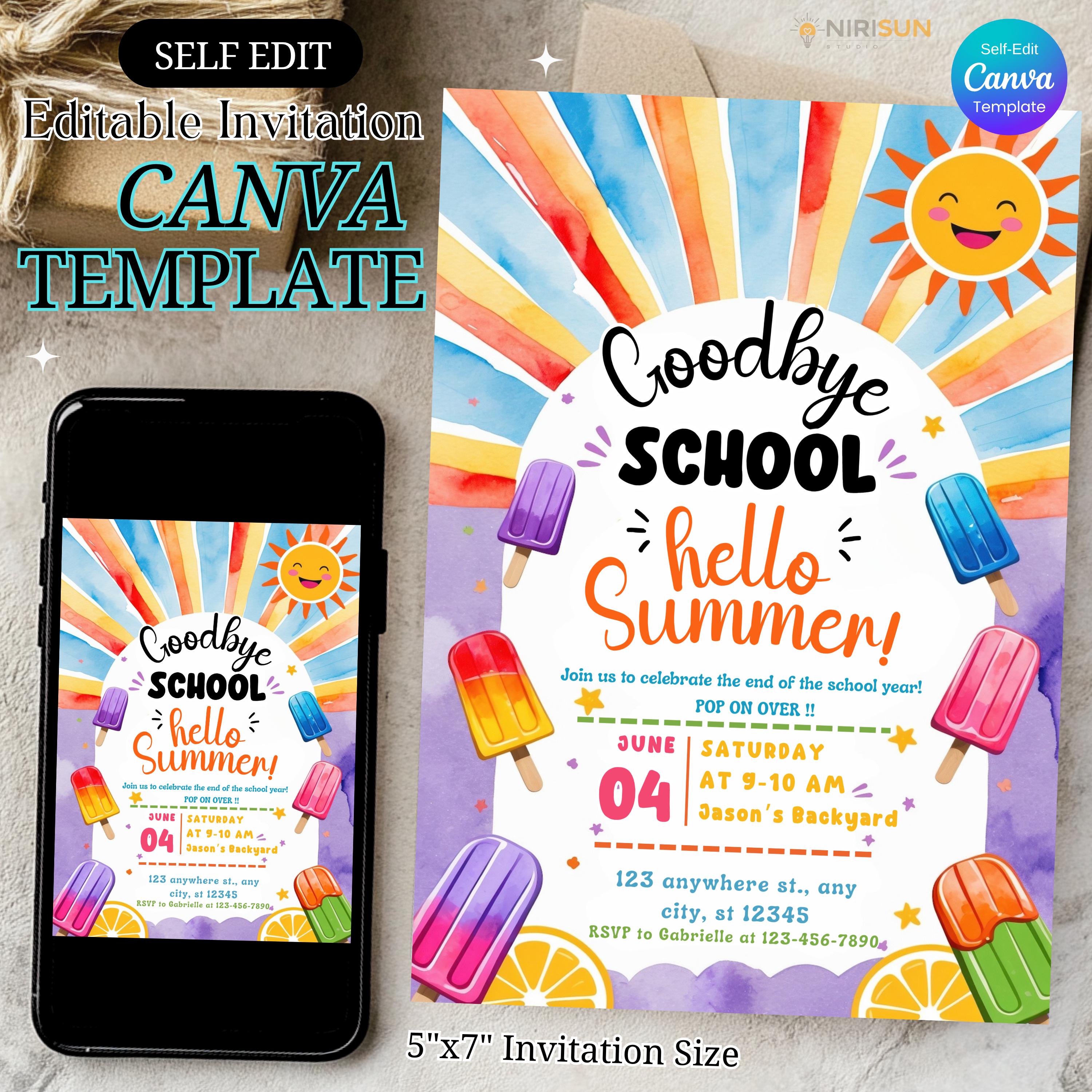 Popsicle End of School Party Invitation Template Editable Canva ...