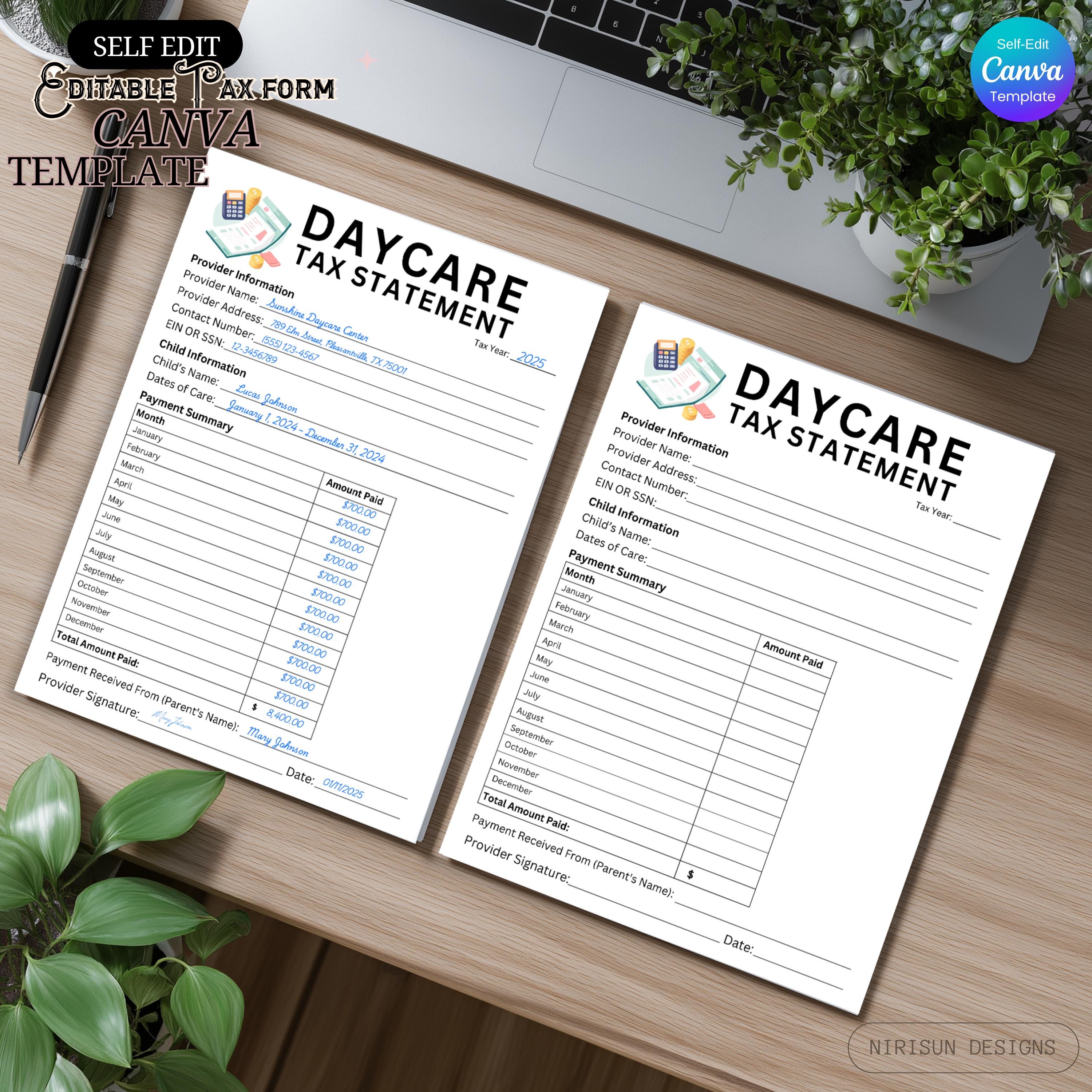 Daycare Tax Statement Template: Printable Childcare Payment Record Form ...
