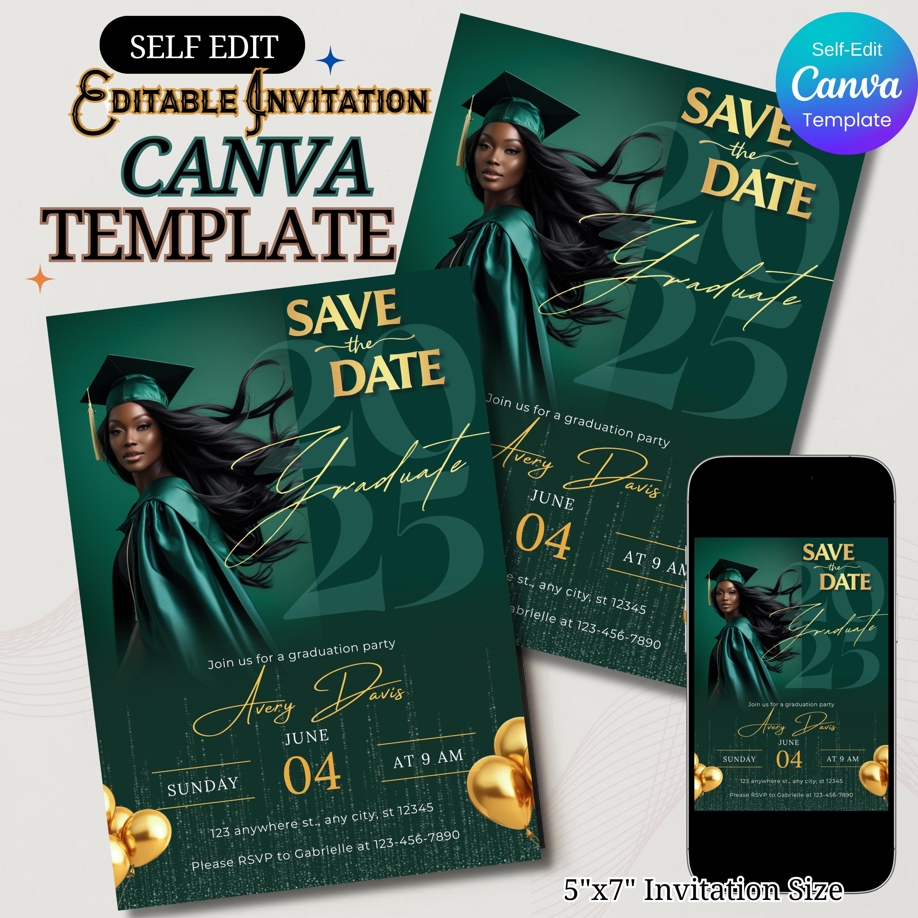 Graduation Save the Date Invitation – Elegant Green & Gold Photo ...