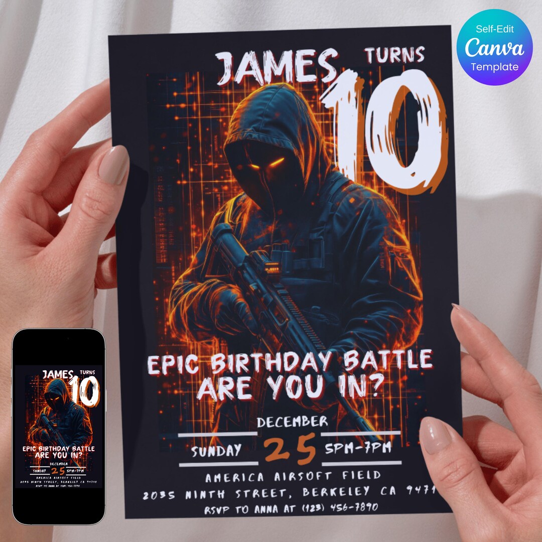 Epic Airsoft Battle Birthday Invitation Template, Editable Canva ...