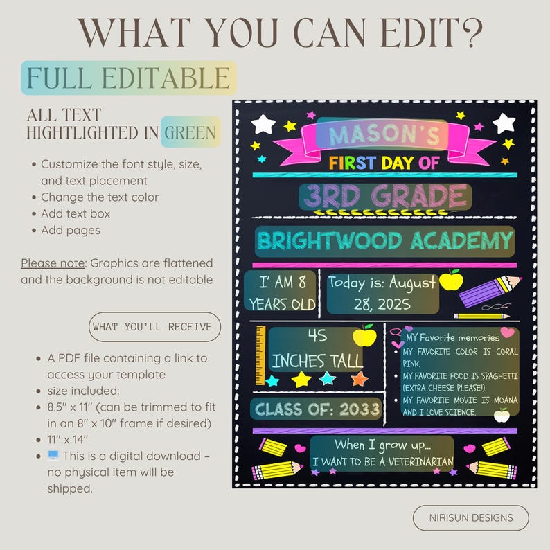 Editable First Day of School Sign, Chalkboard Canva Template, Back to ...