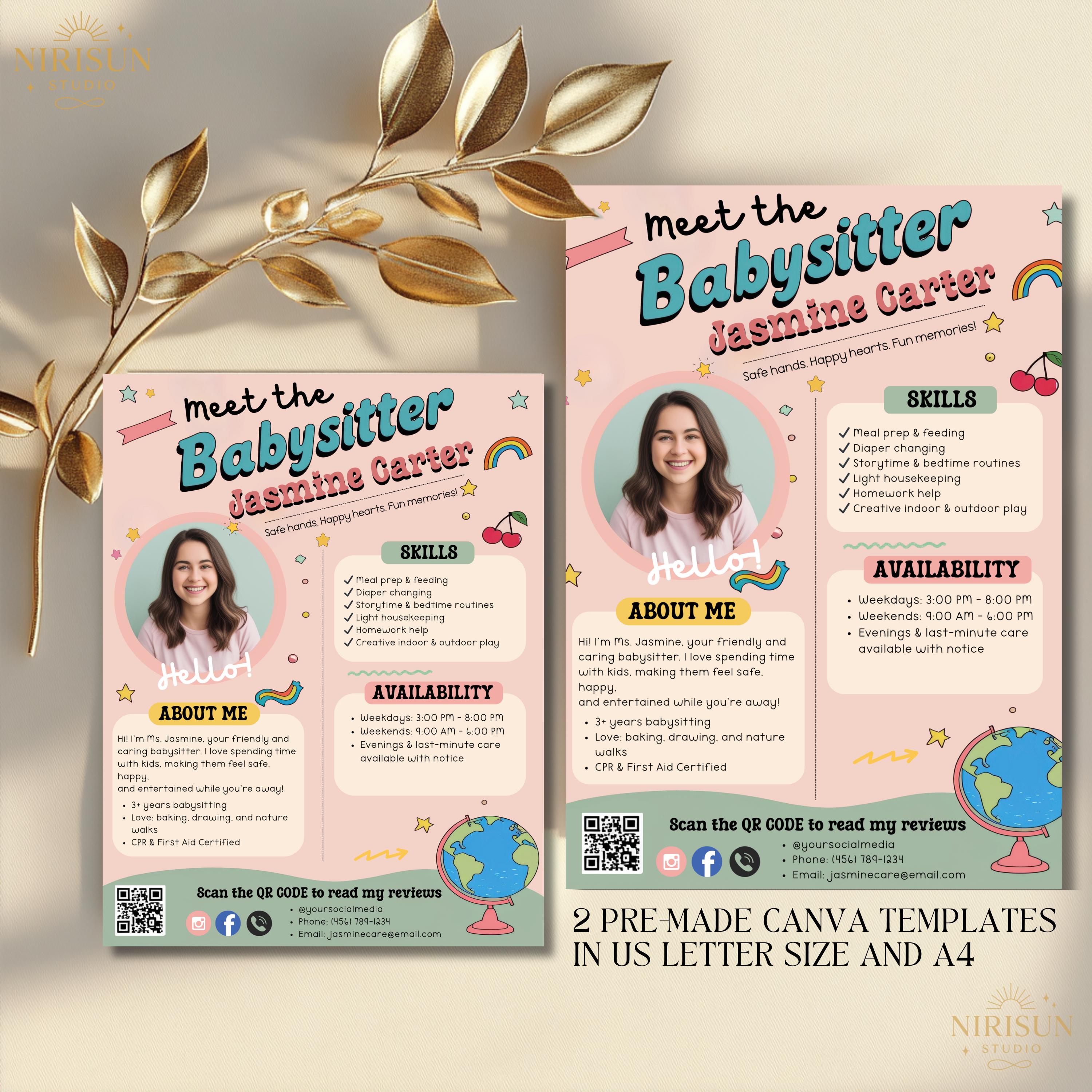 Babysitter Flyer Template, Editable Canva Childcare Resume, Printable ...