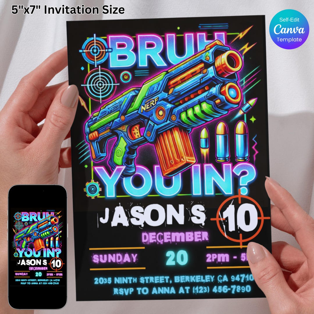 Neon Nerf Birthday Party Invitation, Editable Digital Template, Dart ...
