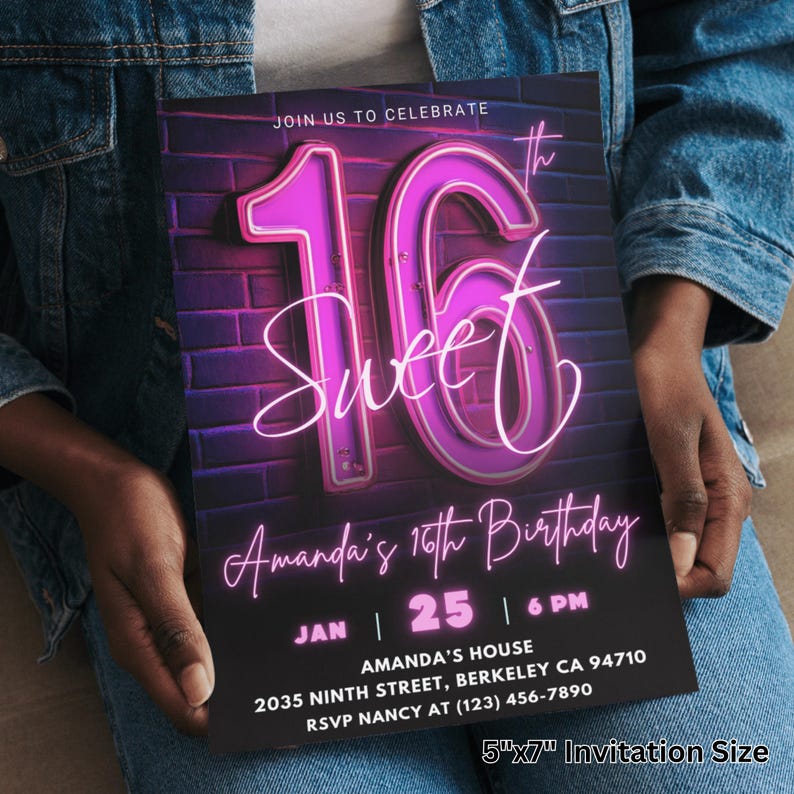 Sweet 16 Birthday Invitation, Neon Pink Party for Teen Girls, Editable ...