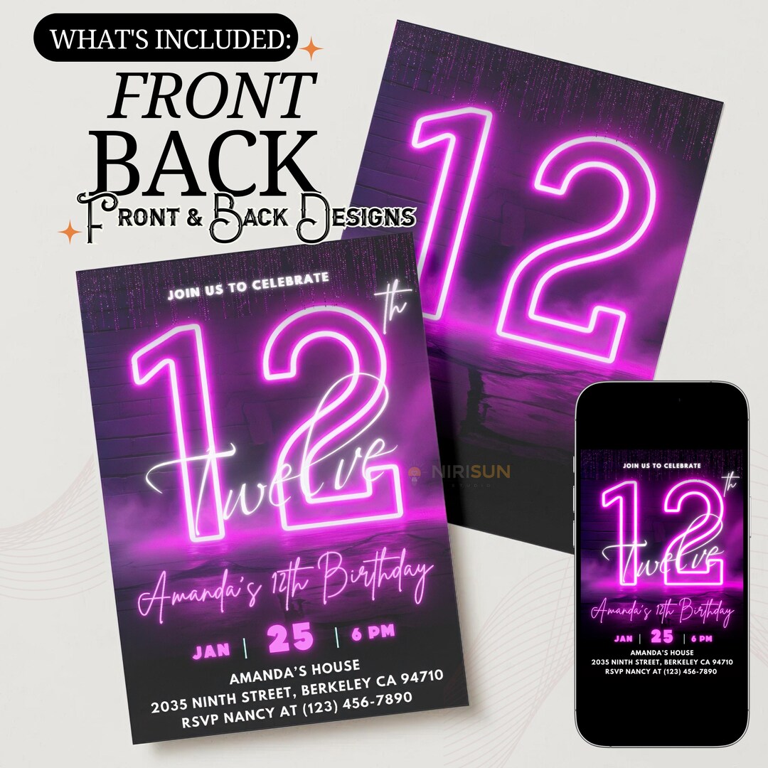 Neon Pink 12th Birthday Invitation Template, Girls 12th Birthday Party ...