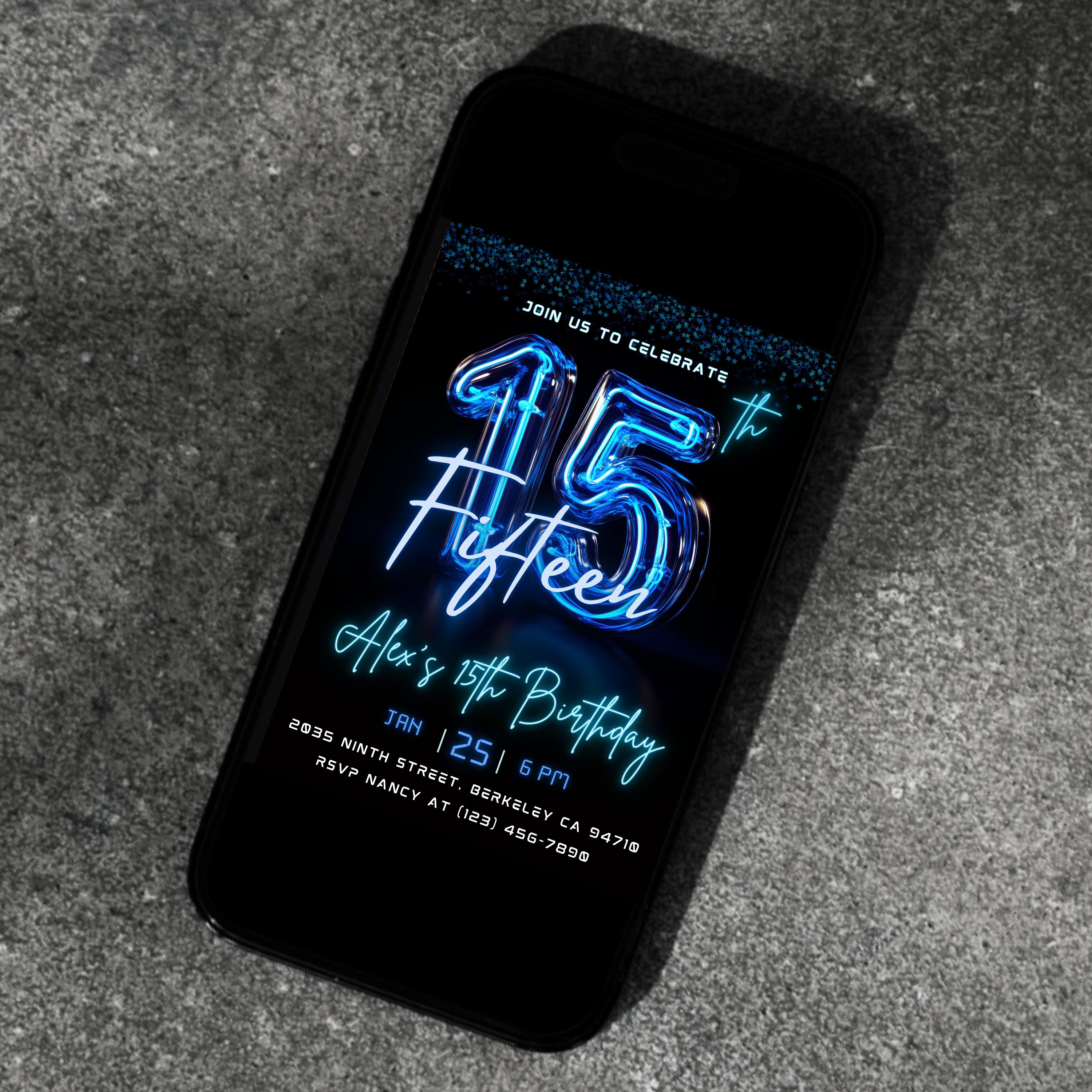 15th Birthday Invitation – Neon Blue Glow Party, Editable Canva ...