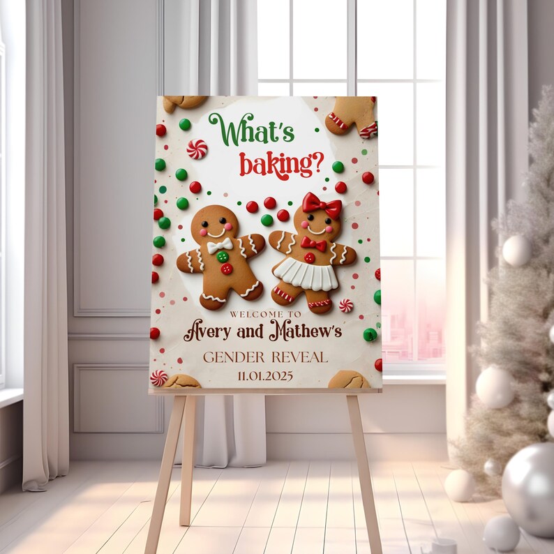 Gingerbread Gender Reveal Welcome Sign: Red and Green Christmas Theme ...