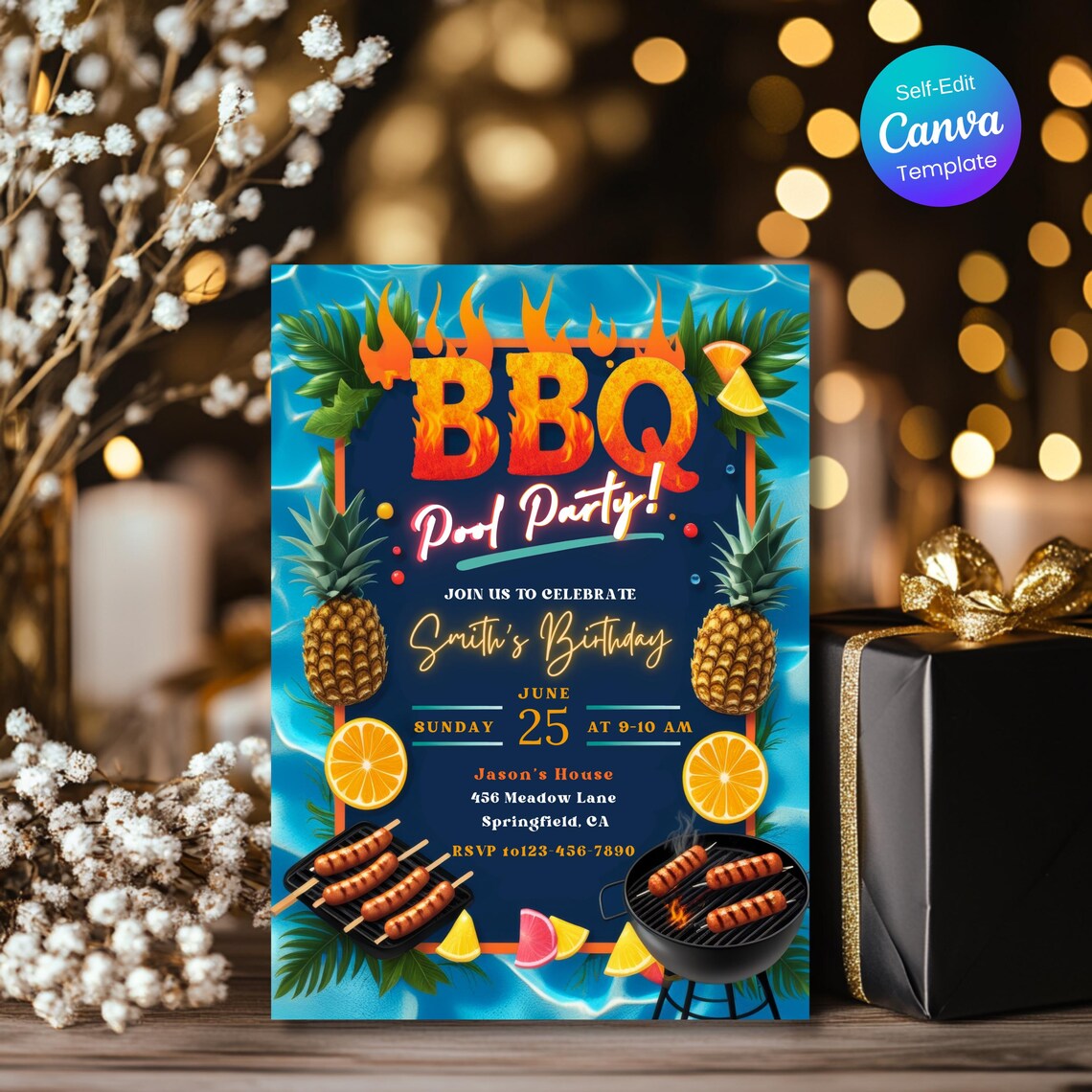 BBQ Pool Party Invitation, Summer Birthday BBQ Editable Canva Template ...