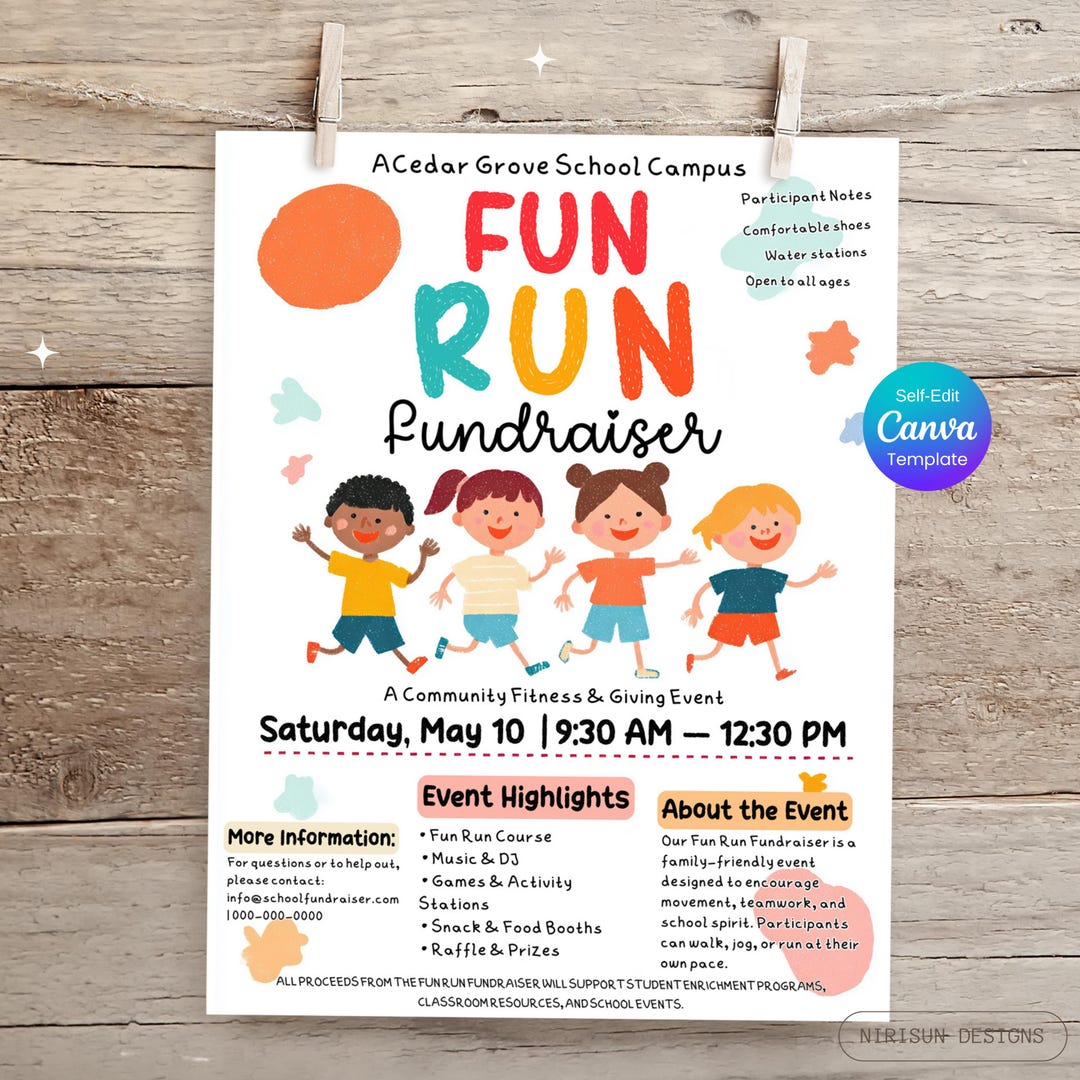 School Fun Run Fundraiser Flyer, PTO PTA Fundraising Event Poster, Kids ...