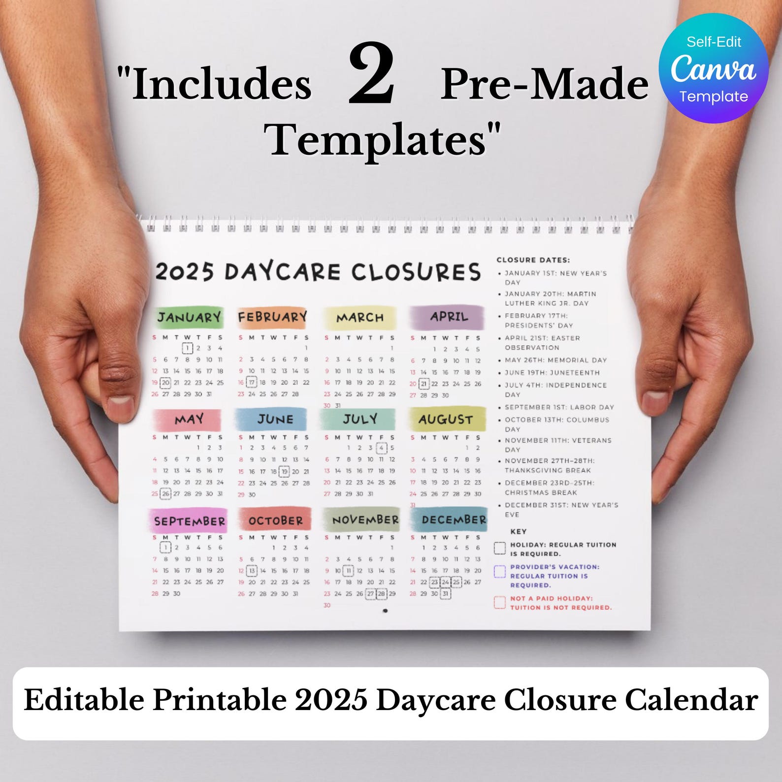 Editable 2025 Daycare Closure Calendar Template, Printable Canva ...