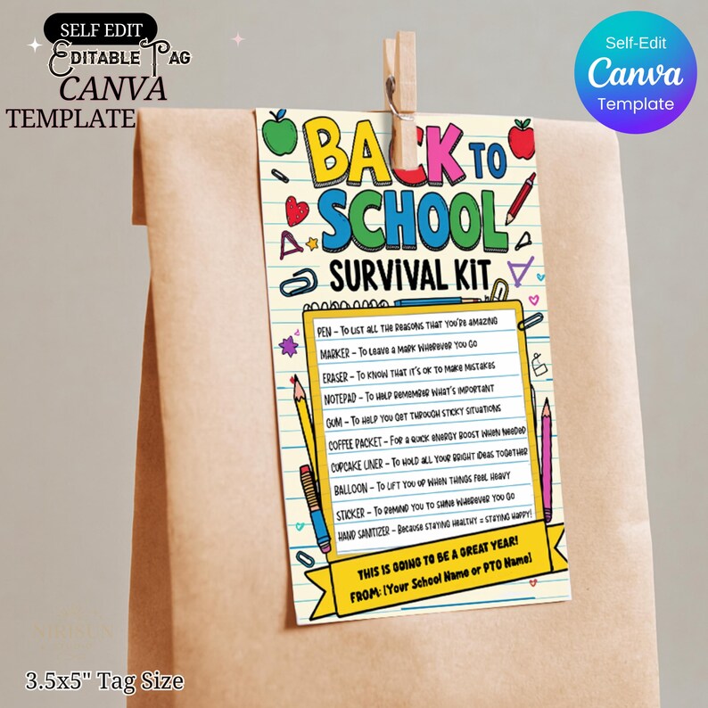 Back to School Survival Kit Gift Tag, Welcome Back First Day Gift ...