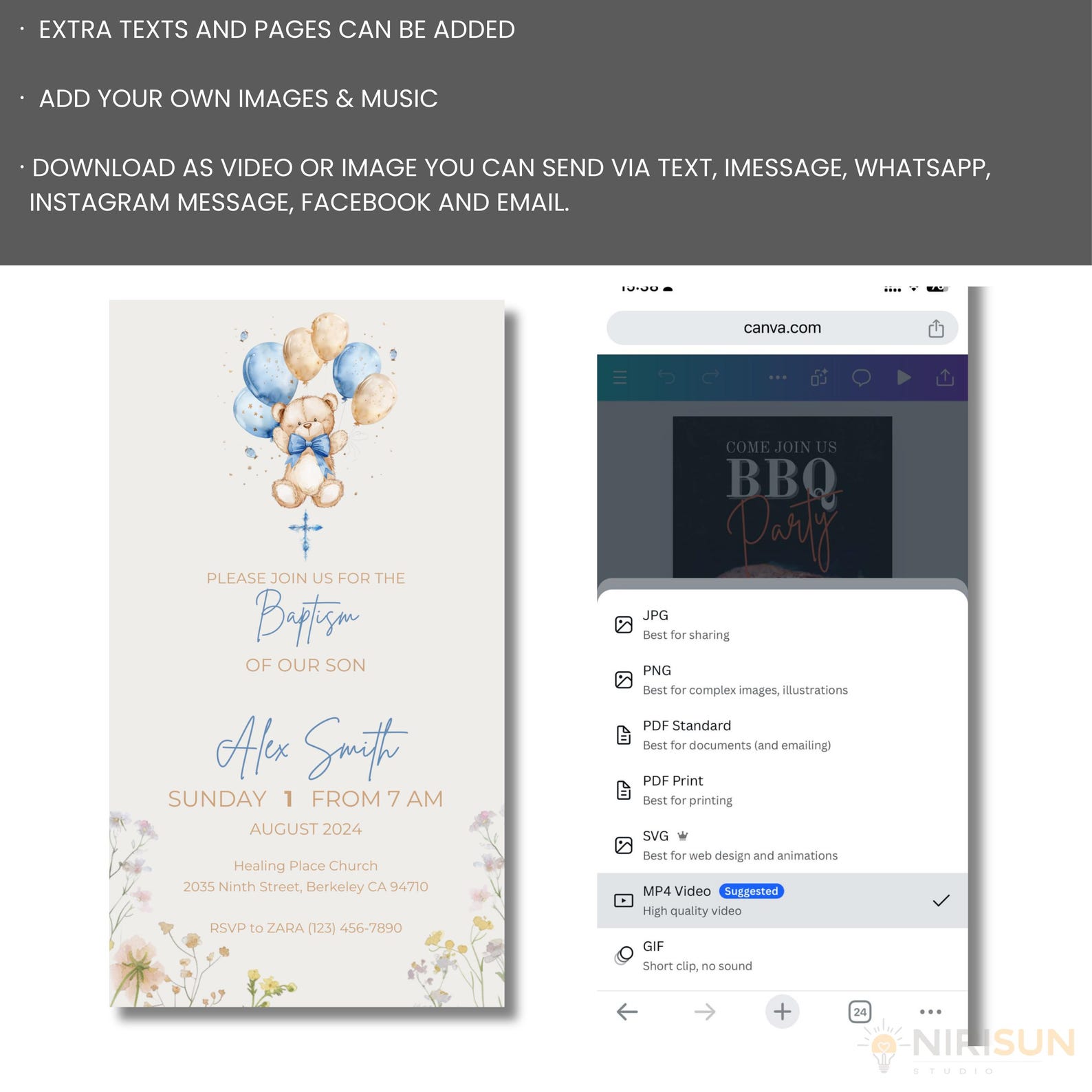 Digital Baptism Invitation, Cute Teddy Bear Baptism Invitation, Baptism ...