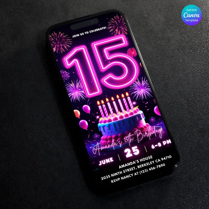 15th Birthday Digital Invitation, Editable Teen Party Template, Neon ...