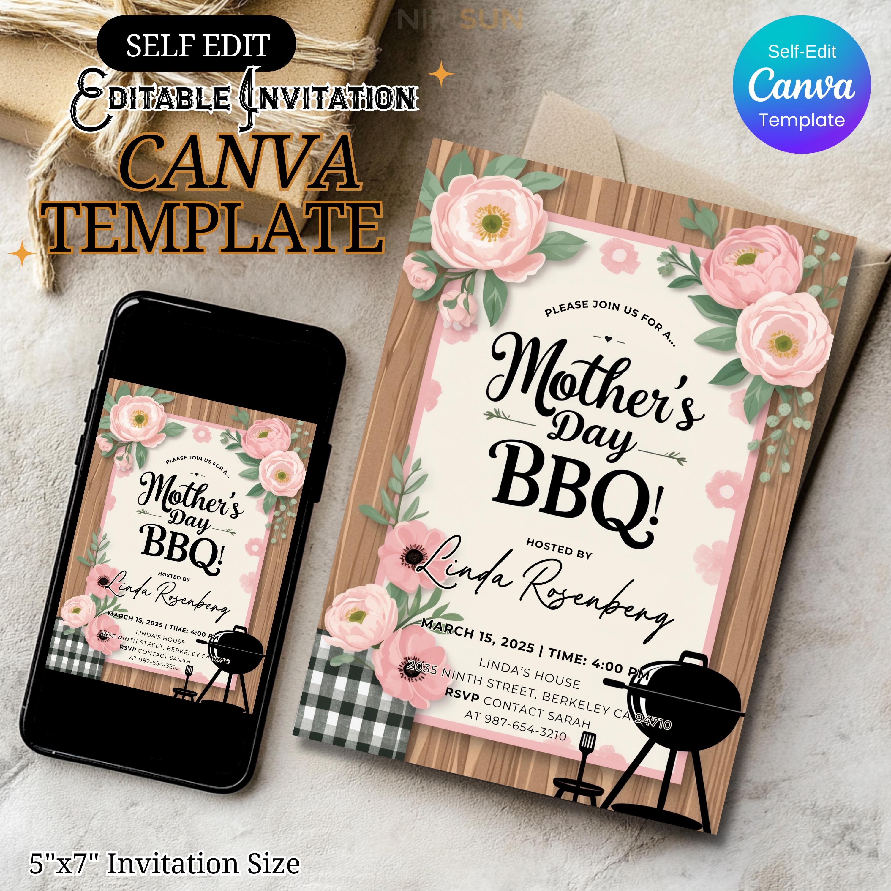 Editable Mother’s Day BBQ Invitation Template, Floral Picnic Backyard ...