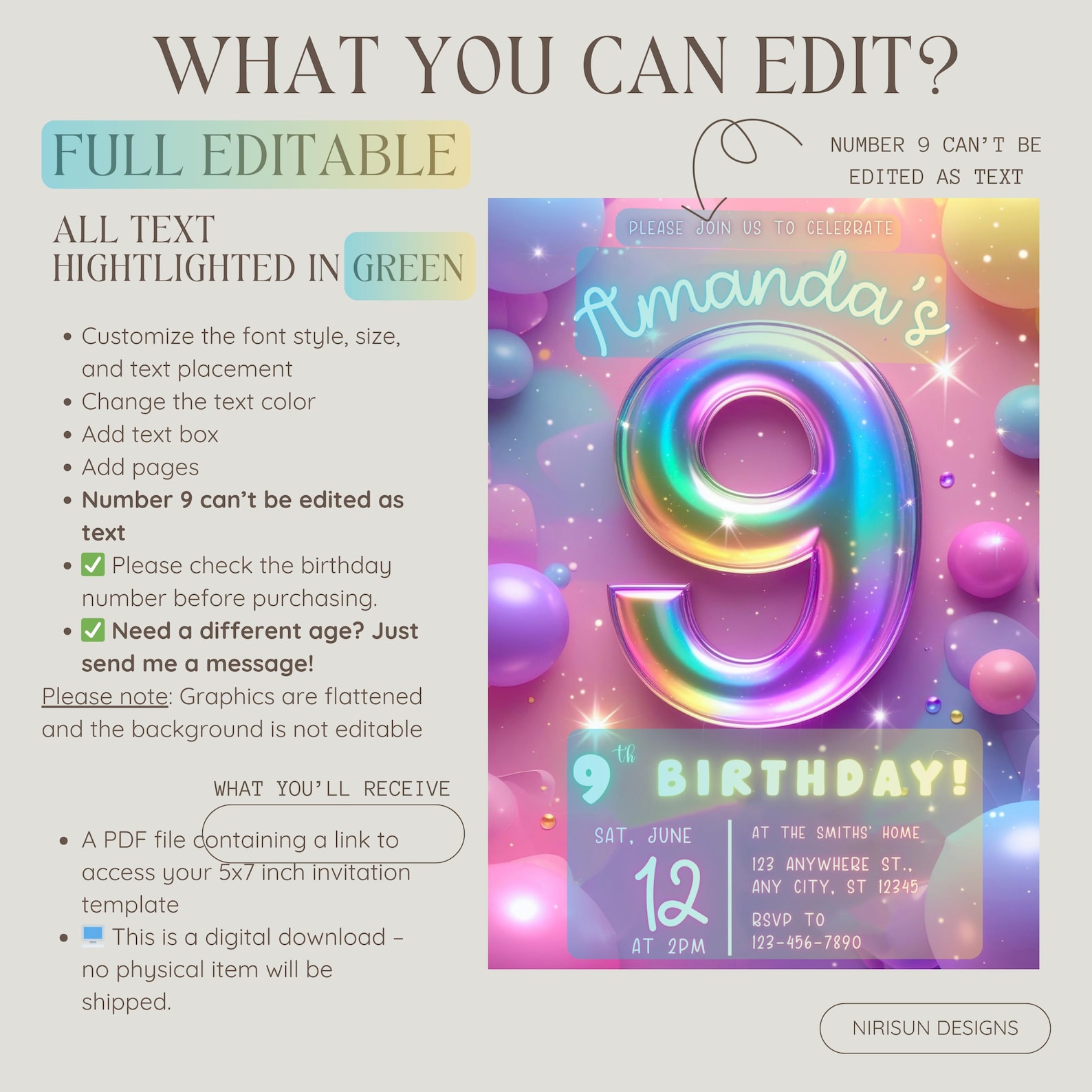 9th Birthday Invitation – Pink Rainbow Glitter Party for Girls ...
