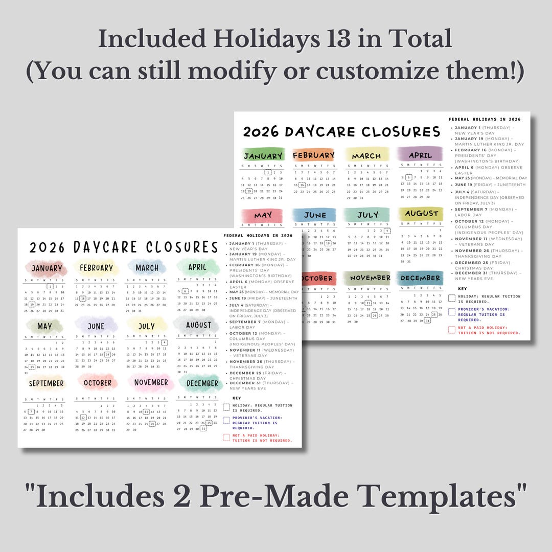 Editable 2026 Daycare Closure Calendar Template, Printable Canva ...