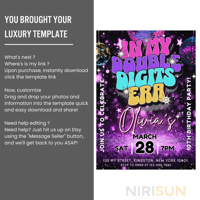 Editable in My Double Digits Era Invitation, 10th Birthday Party Invite ...