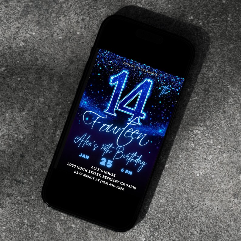 14th Birthday Invitation, Blue Neon Glow Party Template, Editable Canva ...