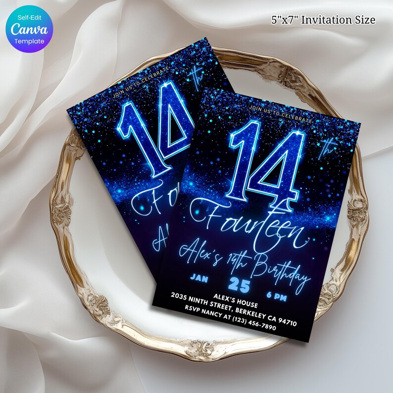 14th Birthday Invitation, Blue Neon Glow Party Template, Editable Canva ...