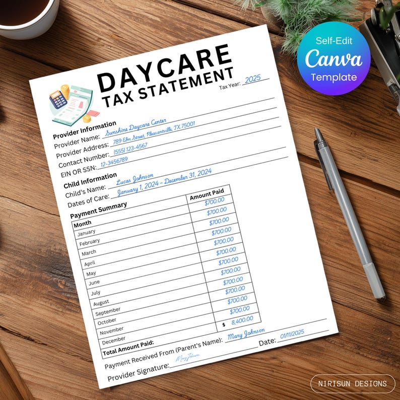 Daycare Tax Statement Template: Printable Childcare Payment Record Form ...