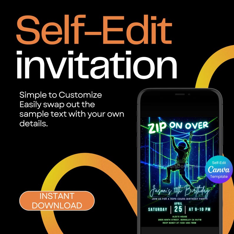 Zipline Rope Course Outdoor Birthday Invitation, Adventure Neon Glow ...