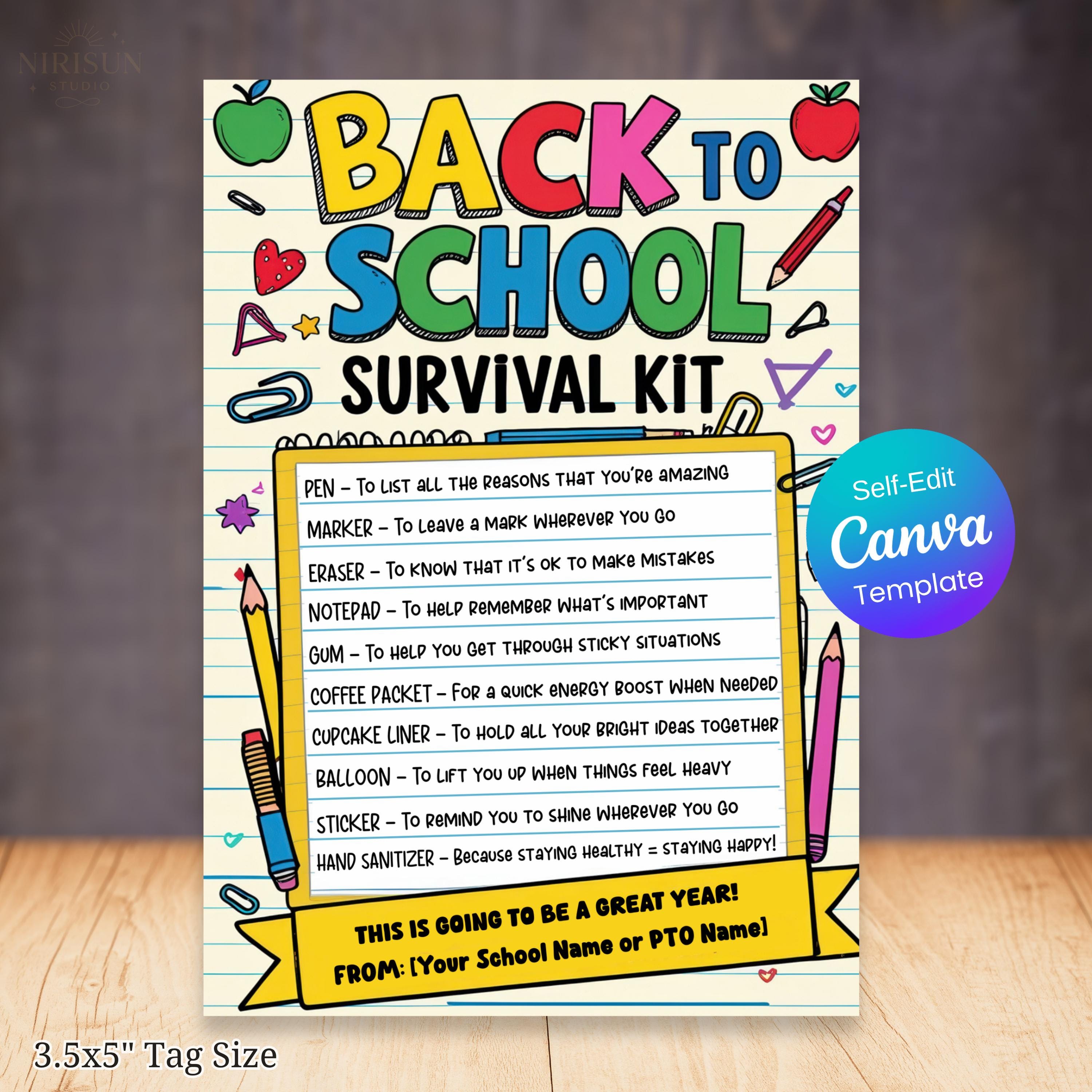 Back to School Survival Kit Gift Tag, Welcome Back First Day Gift ...