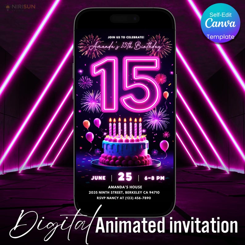 15th Birthday Digital Invitation, Editable Teen Party Template, Neon ...