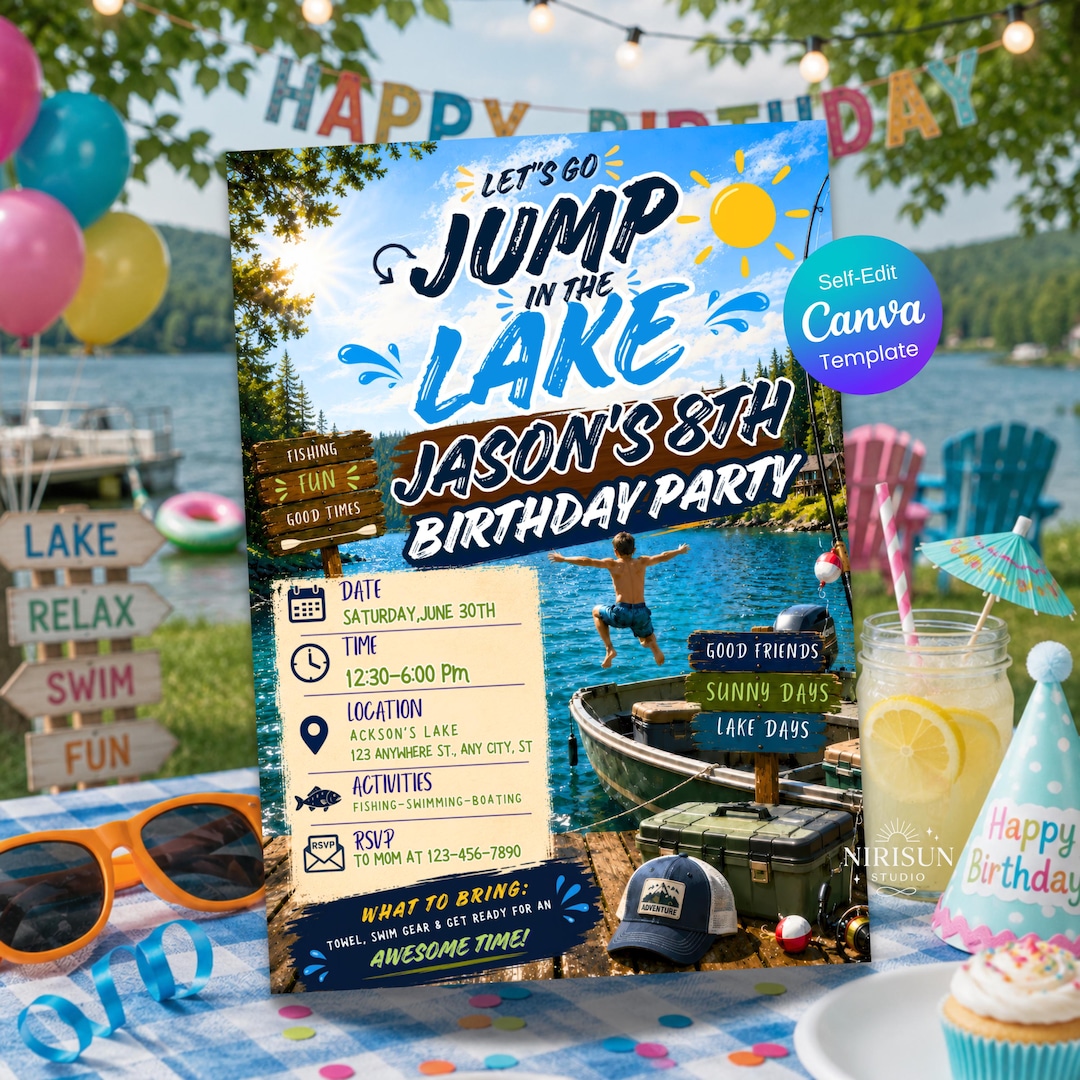 Lake Birthday Invitation, Editable Lake Party Invitation, Summer Lake ...