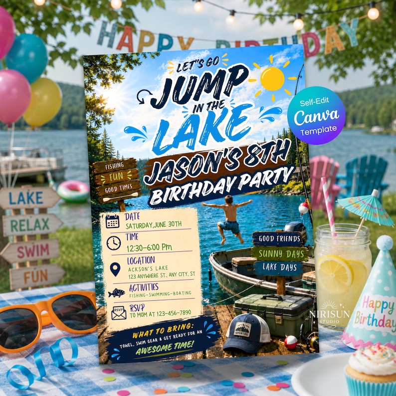 Lake Birthday Invitation, Editable Lake Party Invitation, Summer Lake ...