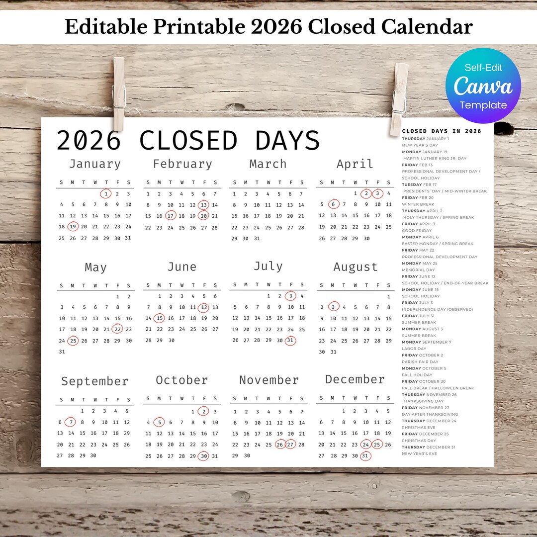2026 Daycare Closed Days Calendar, Preschool Childcare Holiday Schedule ...