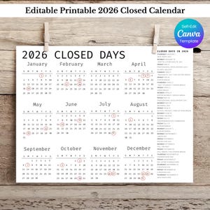 2026 Daycare Closed Days Calendar, Preschool Childcare Holiday Schedule ...