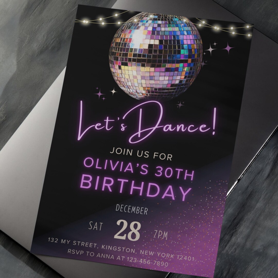 Editable Purple and Black Disco Birthday Party Invitation, Let's Dance ...