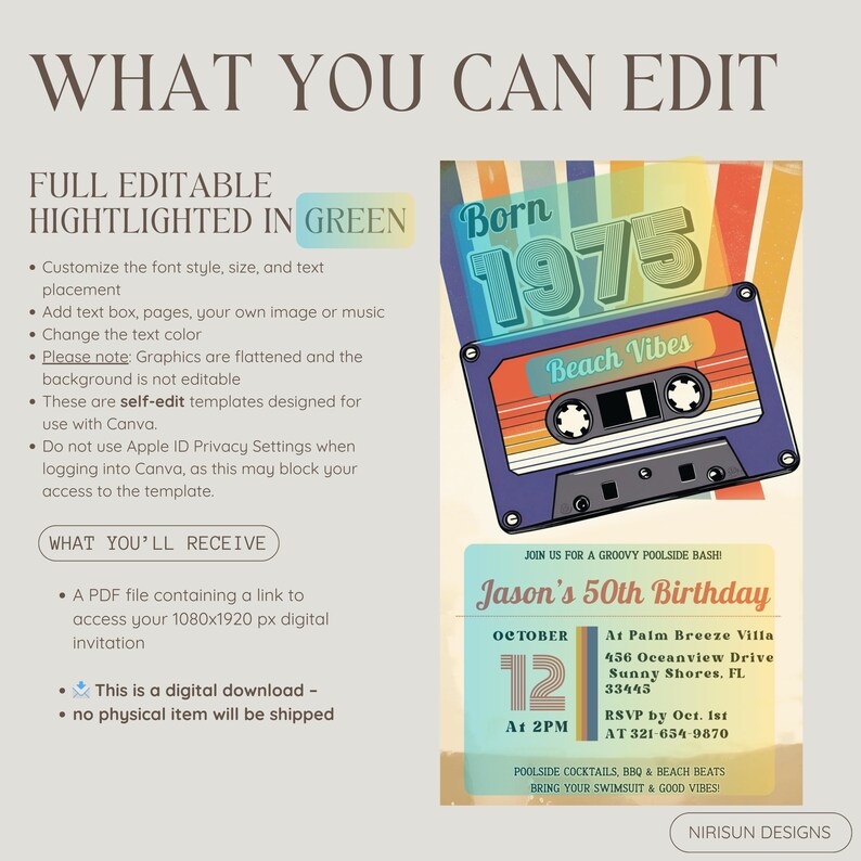 50th Birthday Digital Invitation, Back to 80’s Retro Party Invite, Back ...