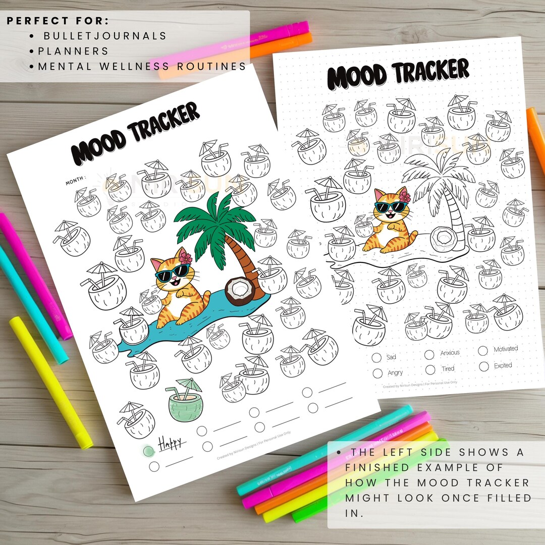 Printable Cat Mood Tracker Template for Bullet Journal, Self-care ...