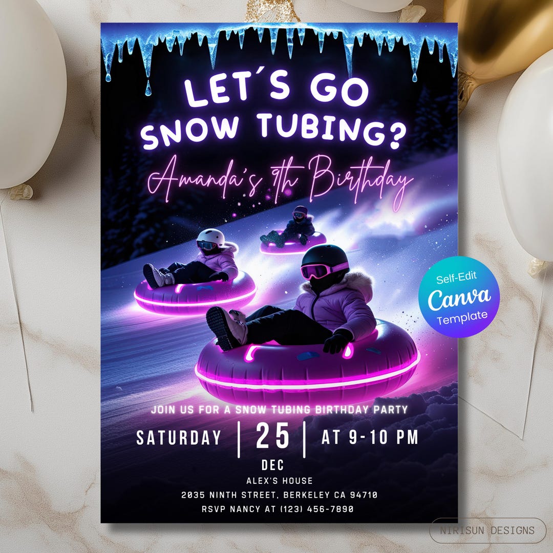 Snow Tubing Birthday Invitation: Winter Party for Girls (editable Canva ...