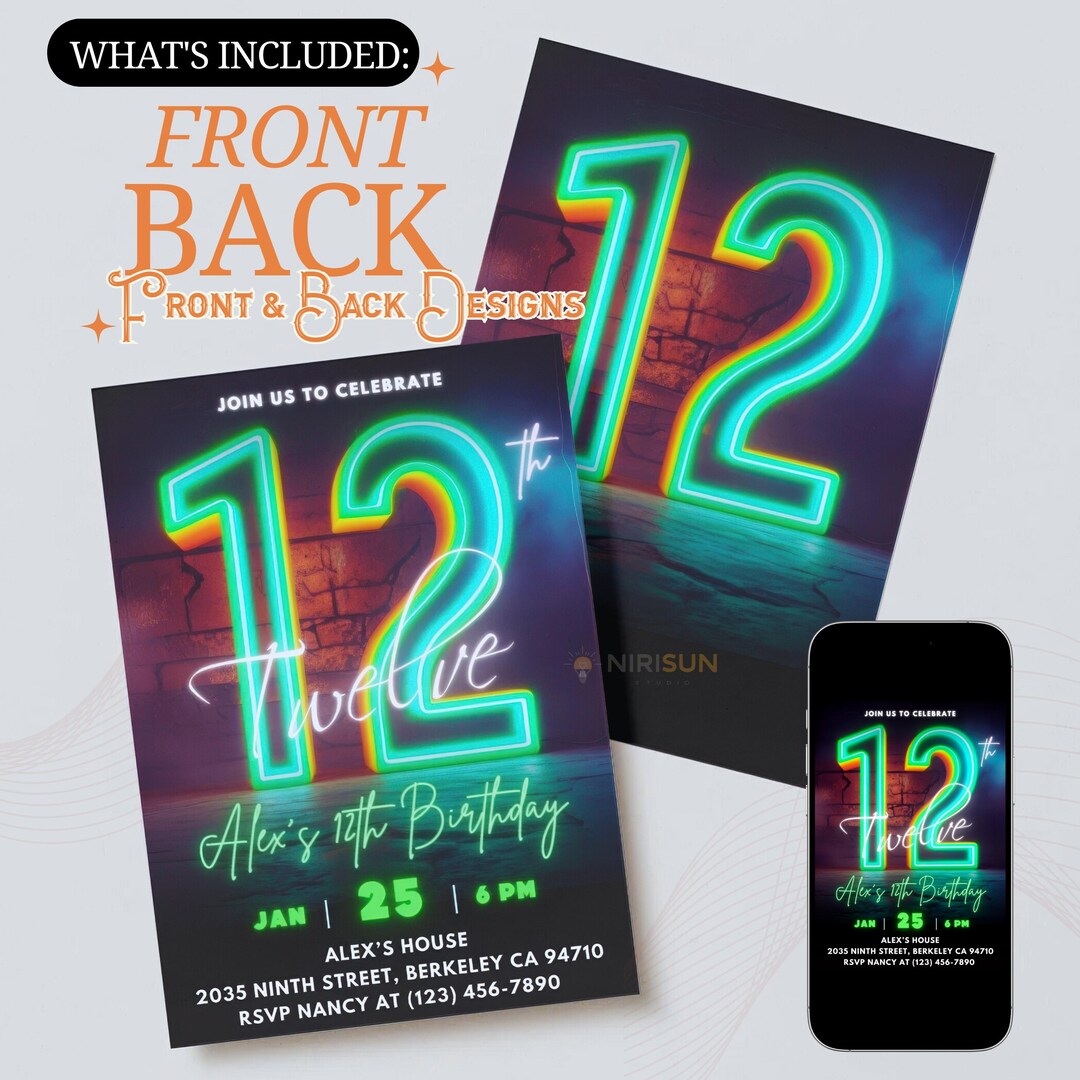 Neon Green 12th Birthday Invitation Template, Boys 12th Birthday Party ...