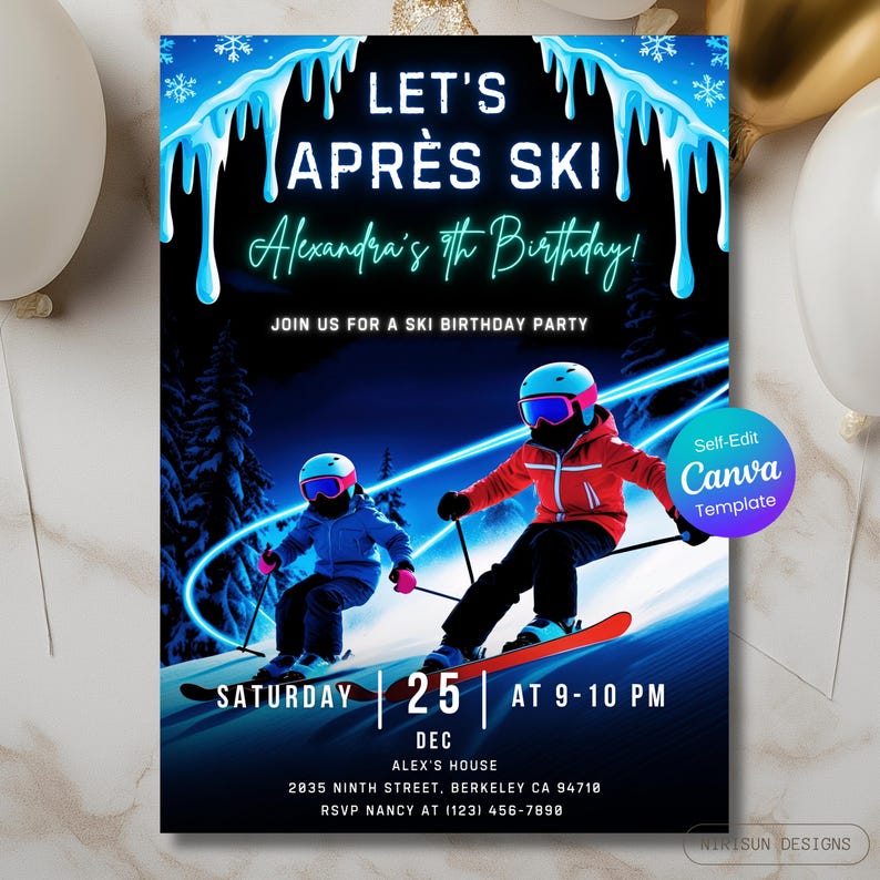 Ski Birthday Invitation, Après Ski Party Invite, Snowy Mountain ...