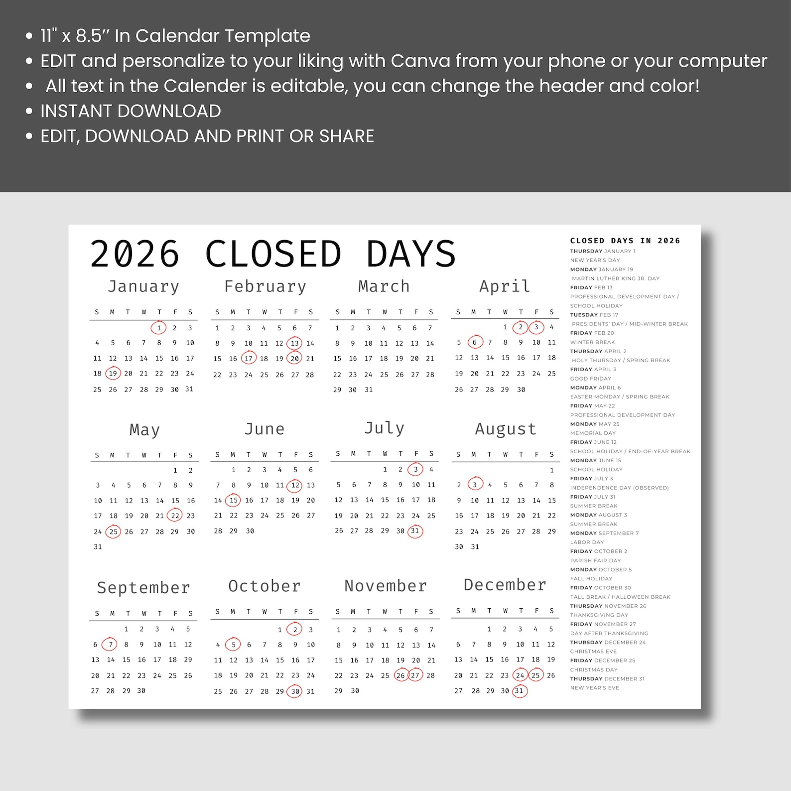 2026 Daycare Closed Days Calendar, Preschool Childcare Holiday Schedule ...